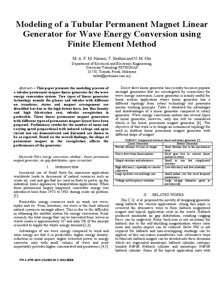 Modeling of A Tubular Permanent Magnet Linear Generator For Wave Energy Conversion Using Finite ...