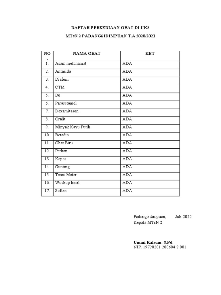 Daftar Persediaan Obat Di Uks | PDF