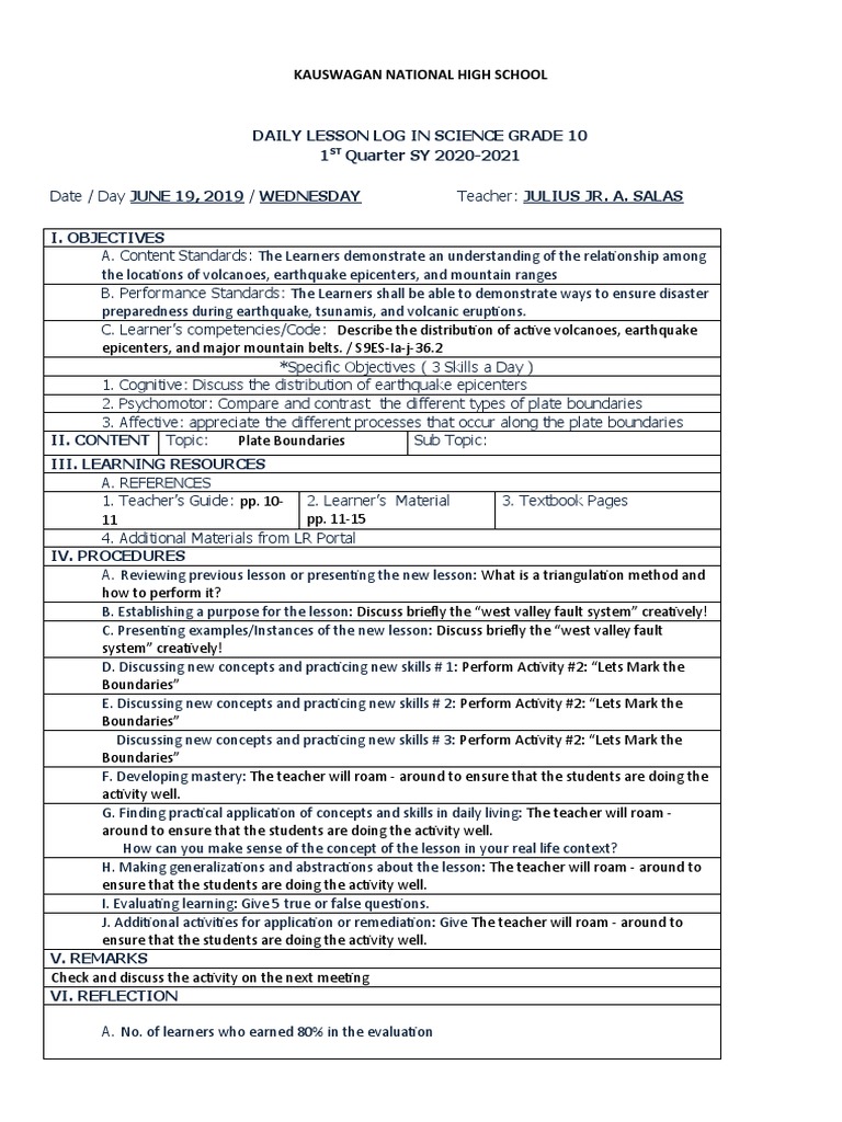 Science 10 DLL | PDF | Teachers | Earthquakes