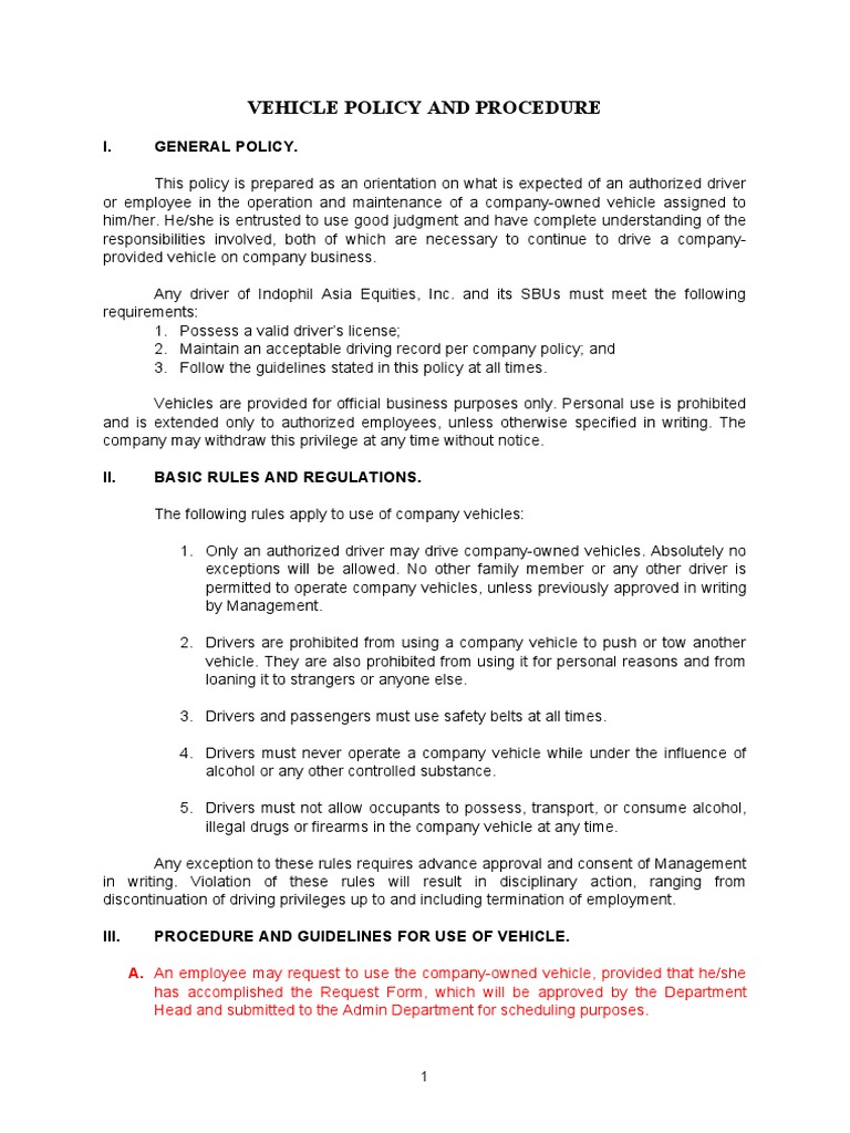 Vehicle Usage Policy | PDF | Vehicles | Driving Under The Influence