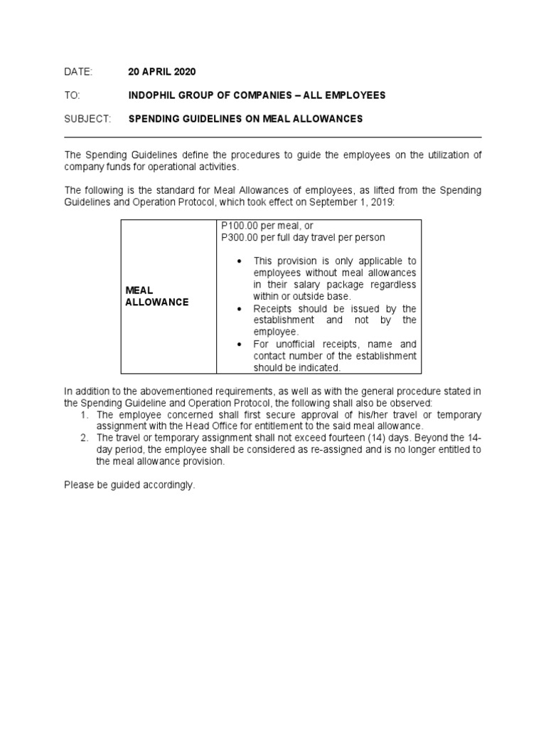 Meal Allowance Guidelines for Employees | PDF | Business