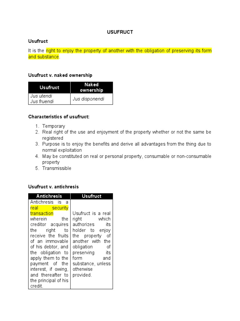 Usufruct Notes | PDF | Lease | Easement