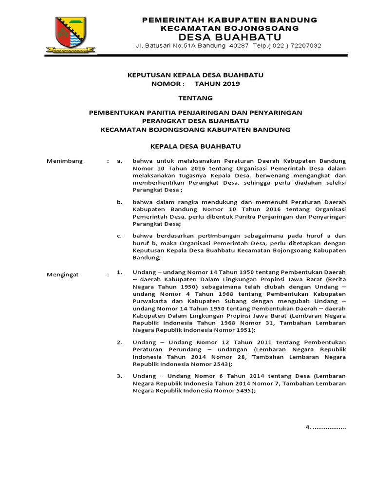 SK Pembentukan Panitia Penjaringan Perangkat Desa | PDF