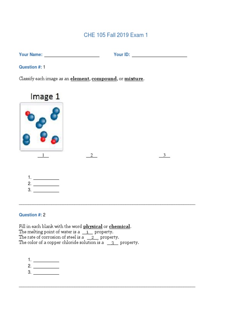 CHE 105 Fall 2019 Exam 1: Your Name: Your ID | PDF | Atoms | Ion
