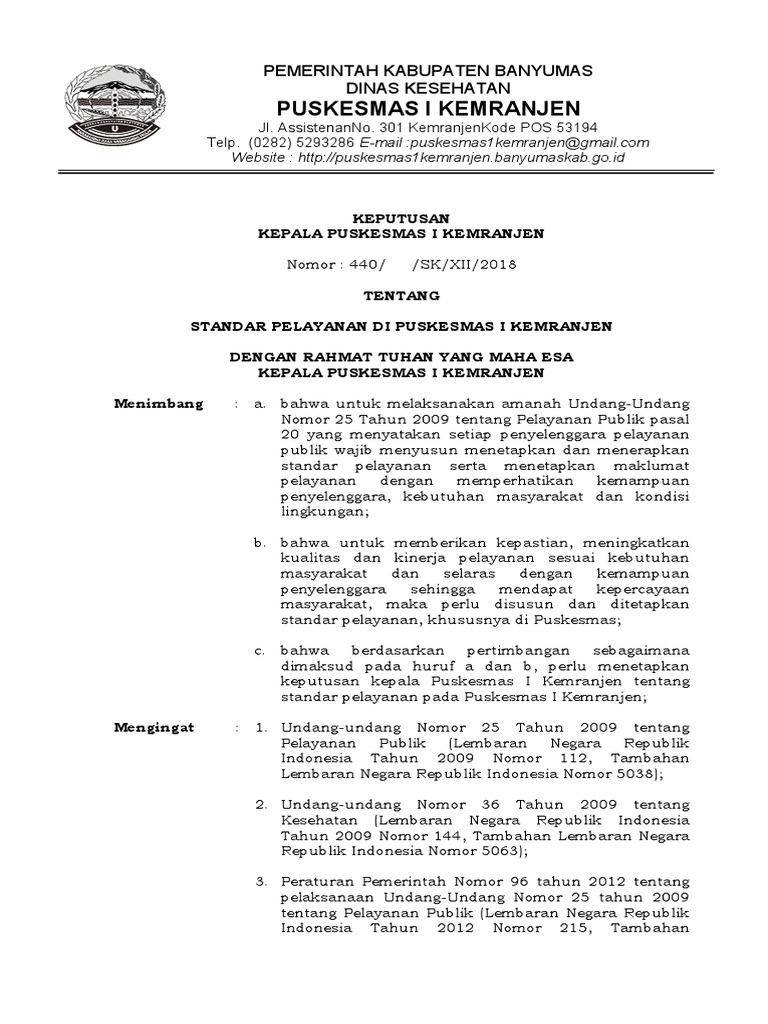 SK Standar Pelayanan Di Pusk | PDF