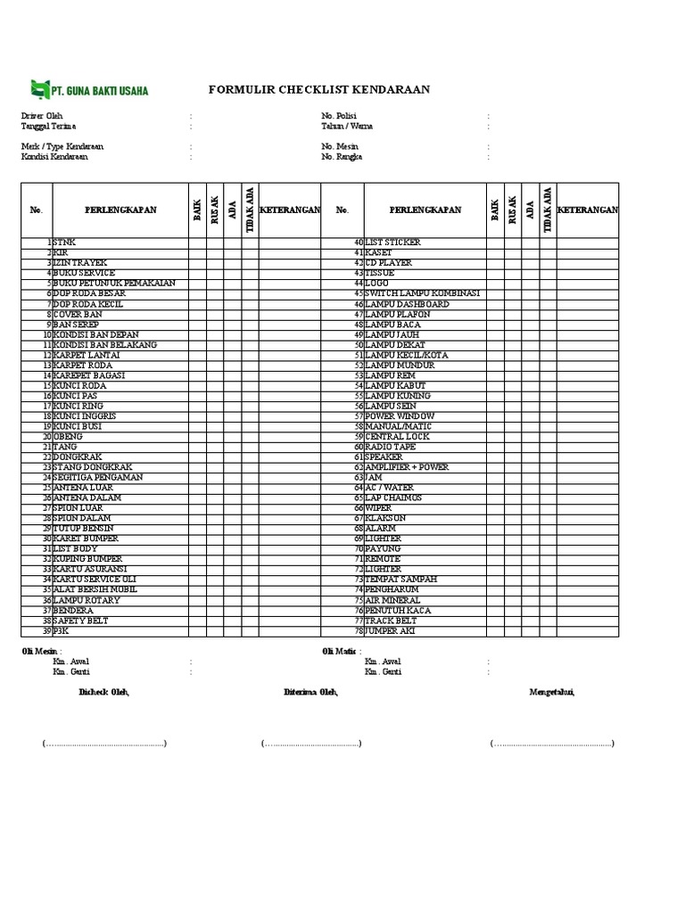 Formulir Checklist Kendaraan | PDF