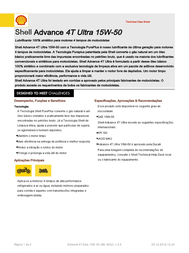 Technical Data Sheet for Shell Advance 4T Ultra 15W-50 Fully Synthetic ...
