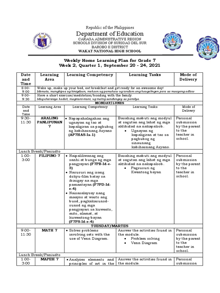 Department of Education: Weekly Home Learning Plan For Grade 7 Week 2 ...