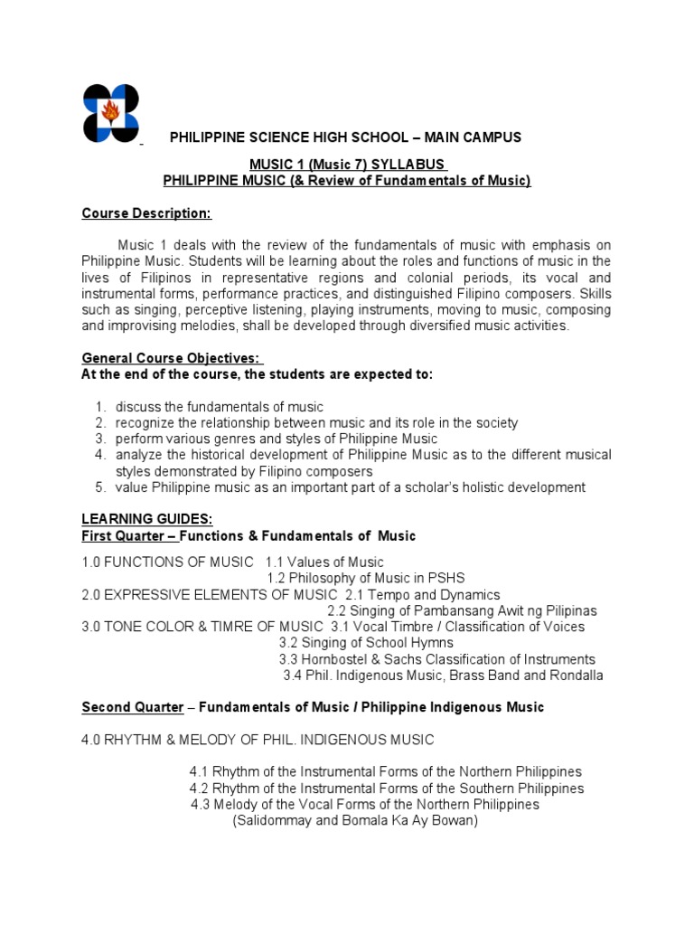 Syllabus For Music 1 (Music 7) PSHS-MC | PDF | Music Theory | Singing