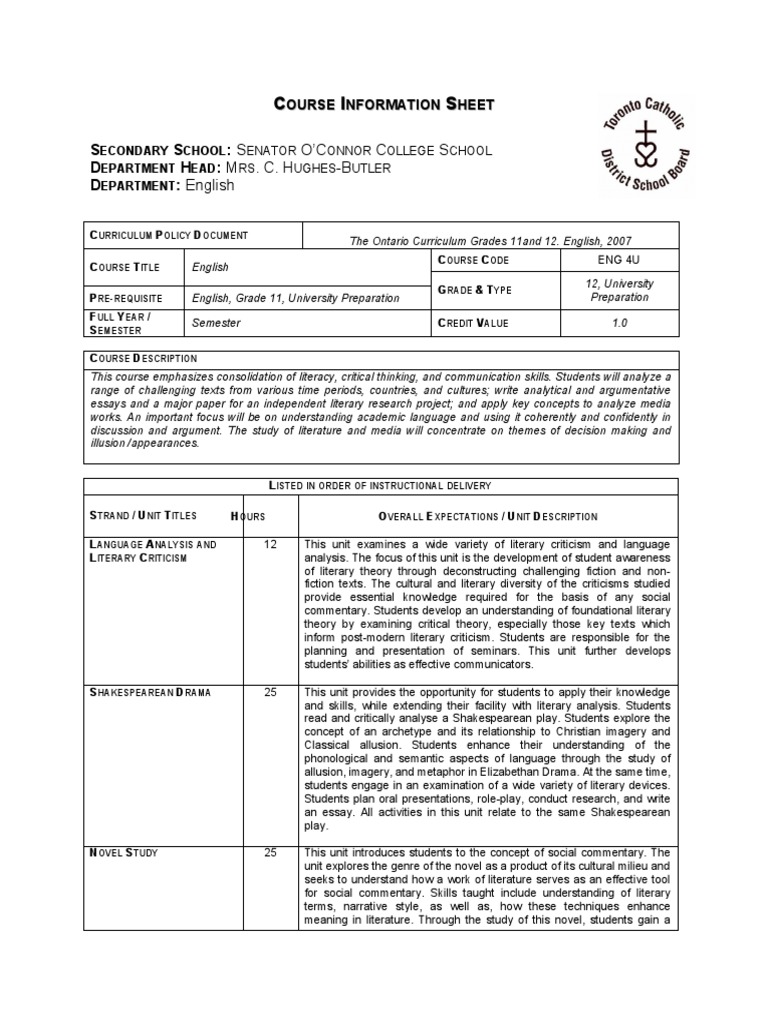 Course Information Sheet ENG4U | PDF | English Studies | Essays