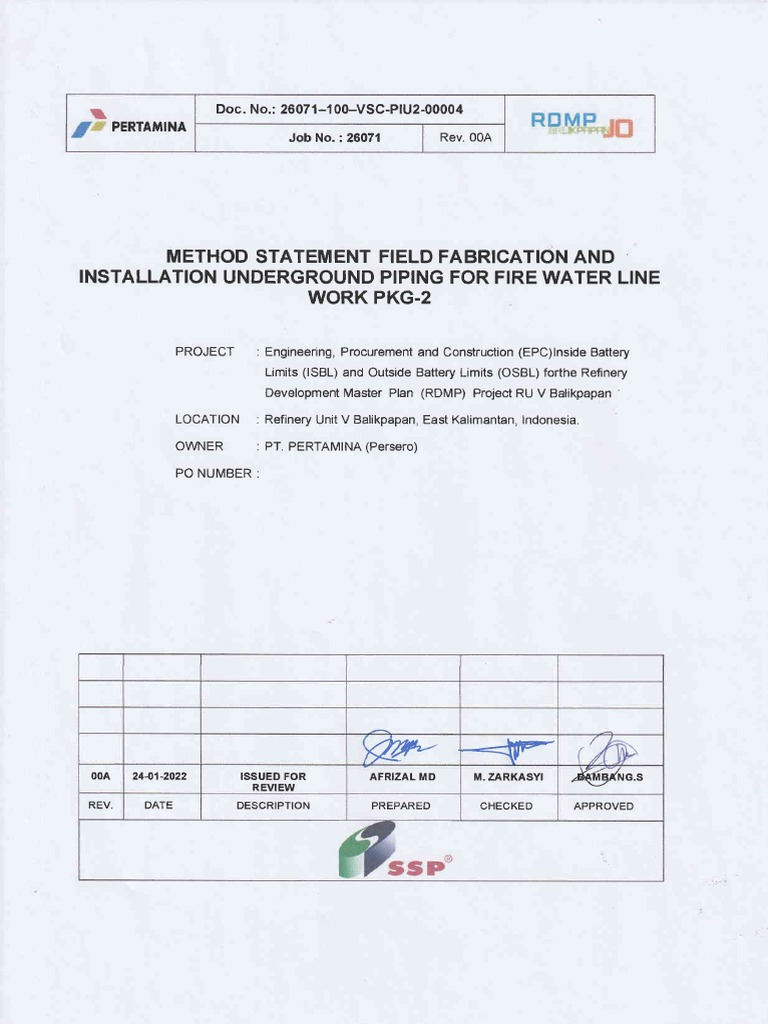 Method Statement Field Fabrication and Installation Underground Piping ...