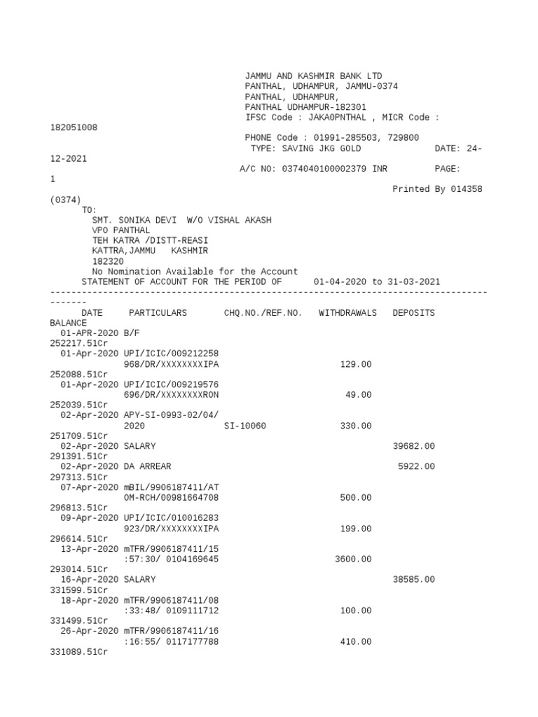 JAMMU AND KASHMIR BANK STATEMENT | PDF | Banking | Financial Services