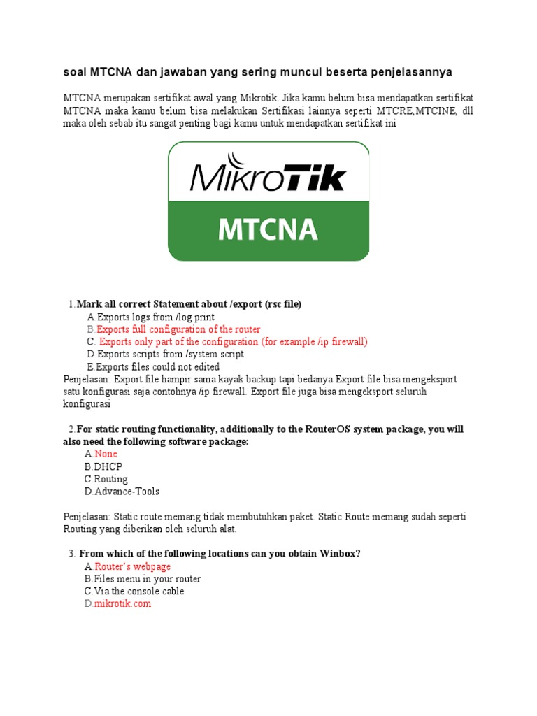 Soal MTCNA Dan Jawaban Yang Sering Muncul Beserta Penjelasannya | PDF