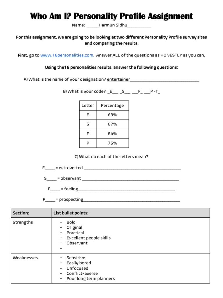 Who Am I Personality Profile Assignment | PDF | Behavioural Sciences ...
