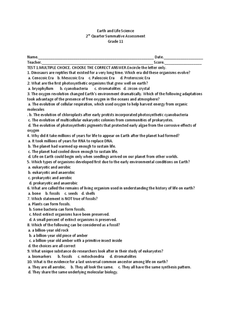 Grade 11 Earth and Life Science Exam | PDF | Organisms | Cell (Biology)