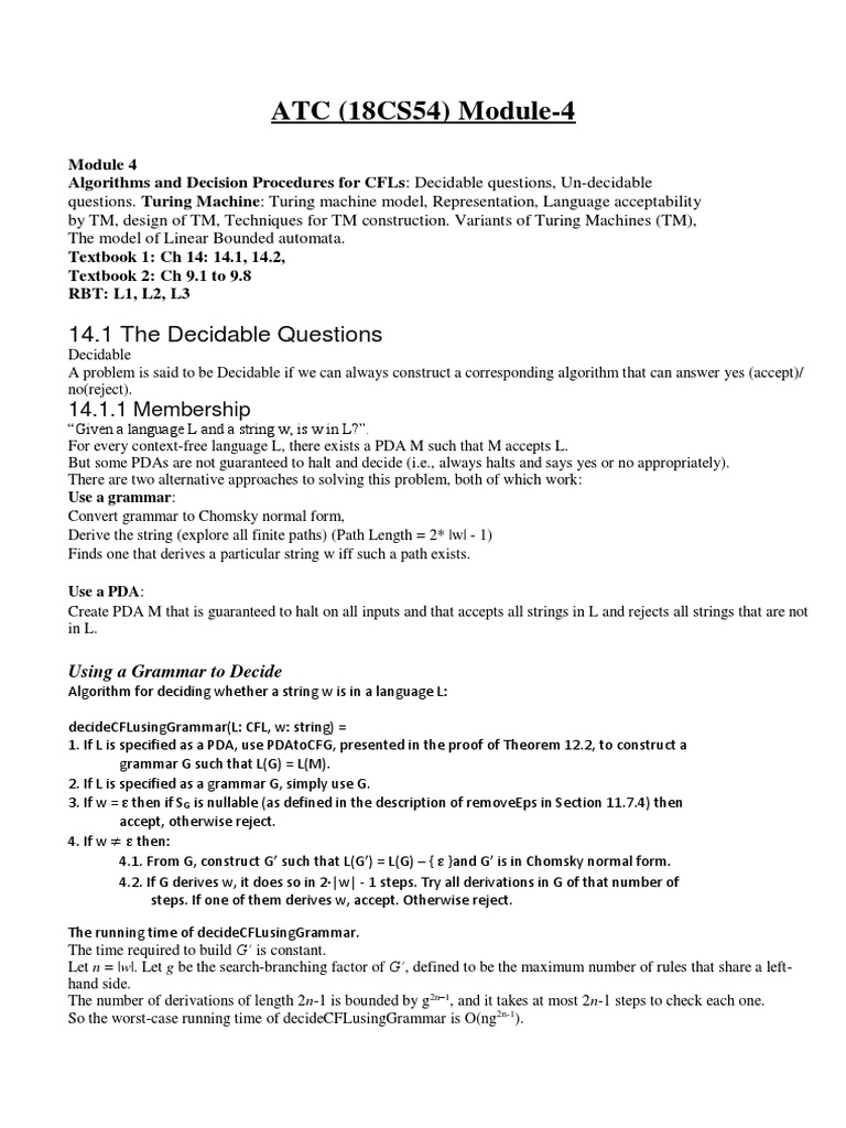 ATC (18CS54) Module-4: 14.1 The Decidable Questions | PDF | Mathematical Logic | Computing