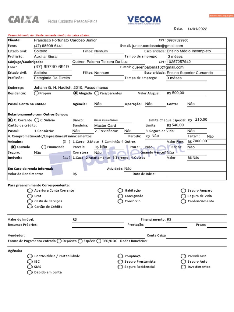 000 Ficha Cadastro CAIXA | PDF | Empréstimos | Conta de transação