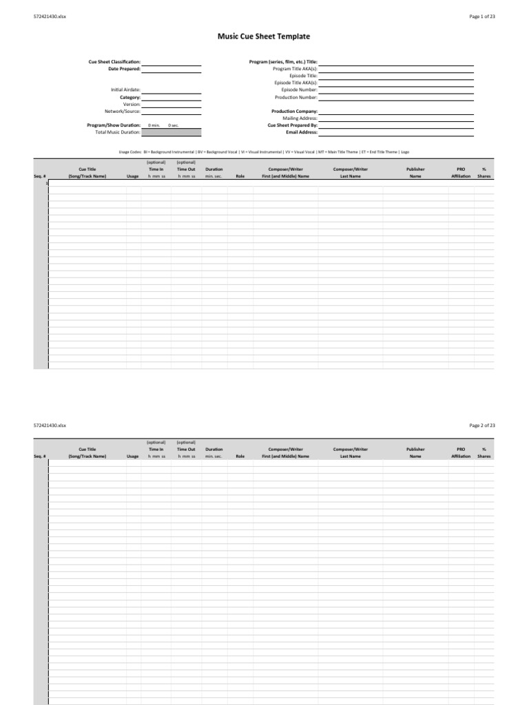 Music Cue Sheet Template | PDF