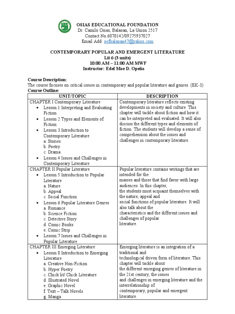 COurse Outline CONTEMPORARY POPULAR AND EMERGENT LITERATURE | PDF ...