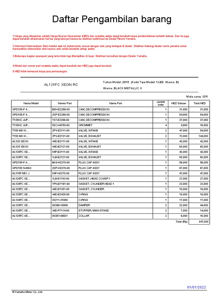 Part Number Yamaha | PDF