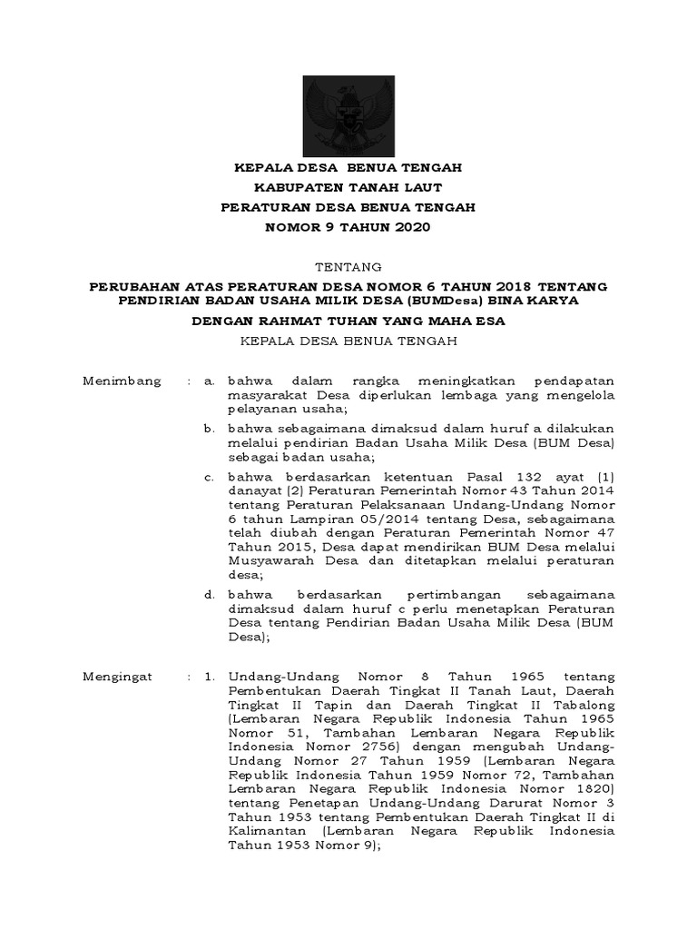 Draf Perdes Pendirian BUMDesa 2020 | PDF