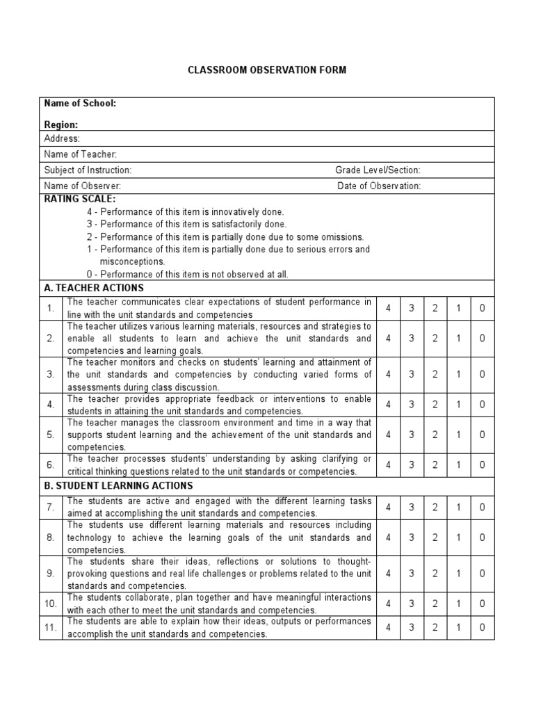 Revised Classroom Observation Form | PDF | Teachers | Learning