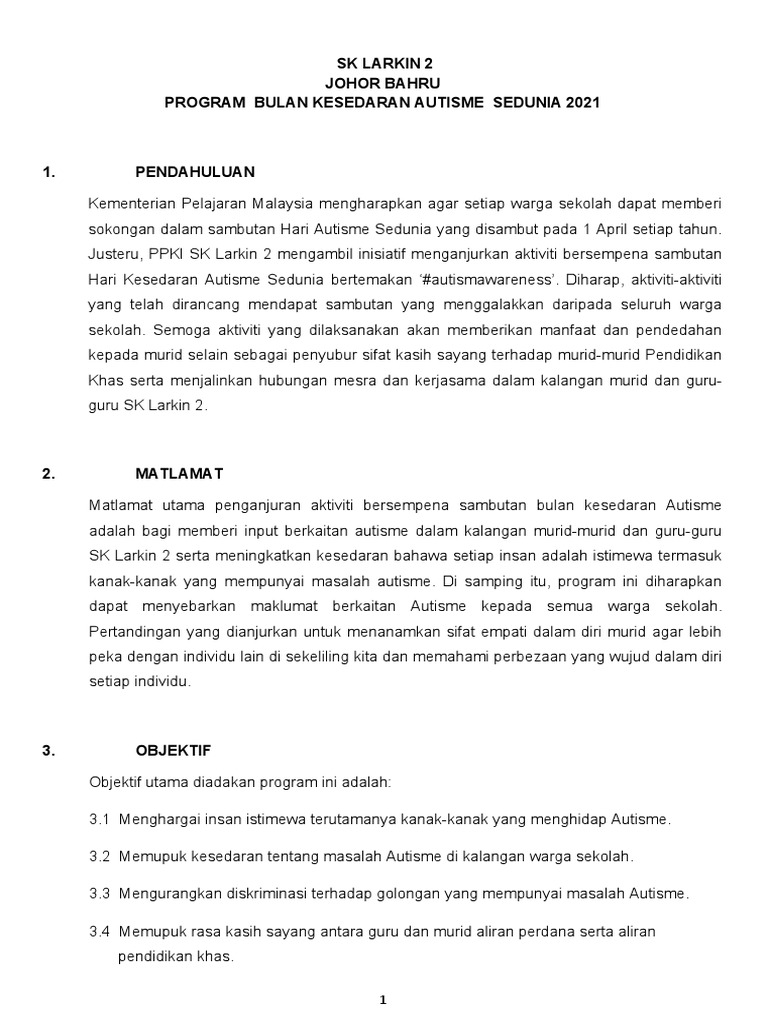 Kertas Kerja Bulan Kesedaran Autisme Peringkat Ppki SK Larkin 2 | PDF