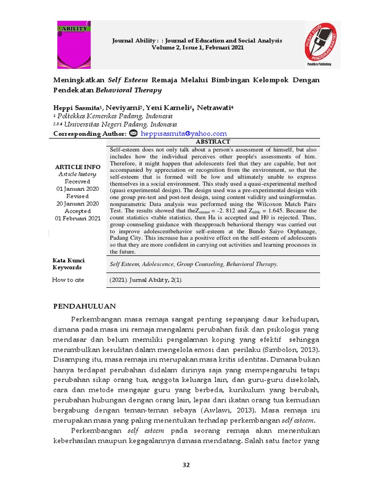 Meningkatkan Self Esteem Remaja Melalui Bimbingan Kelompok Dengan Pendekatan Behavioral Therapy ...