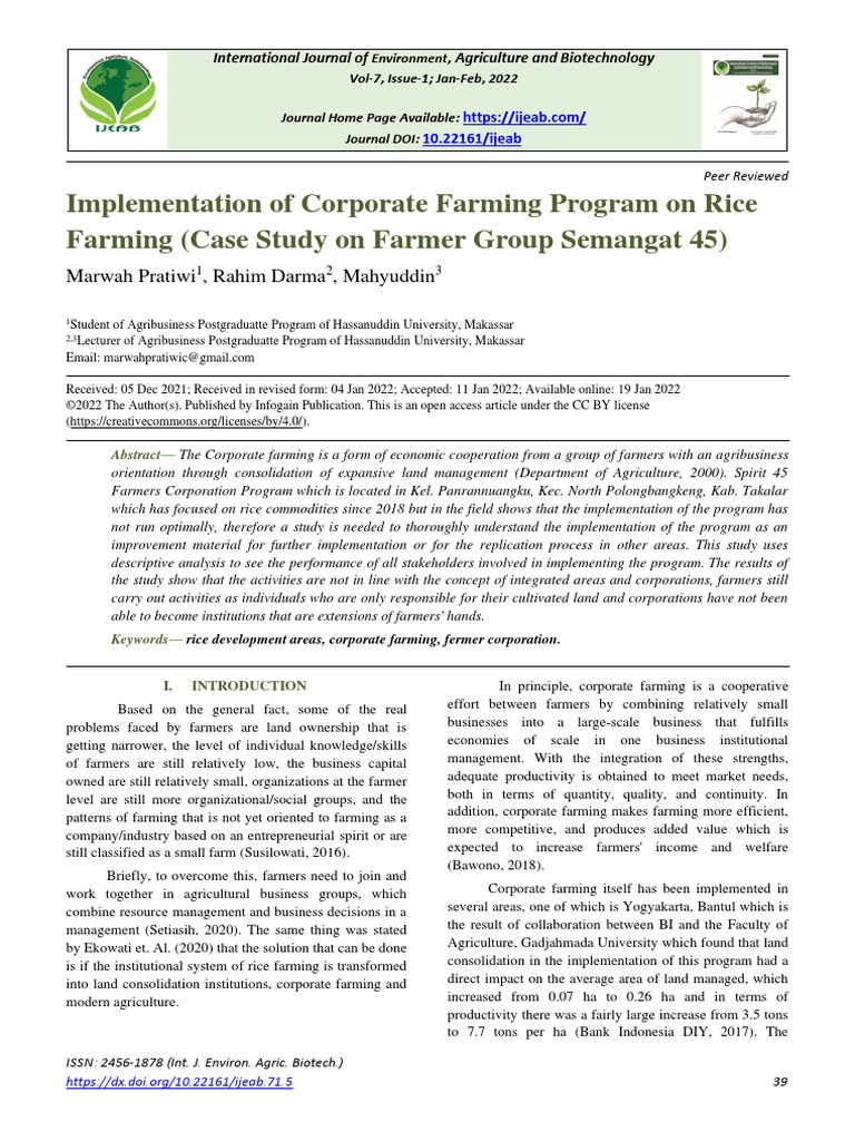 Implementation of Corporate Farming Program On Rice Farming (Case Study ...