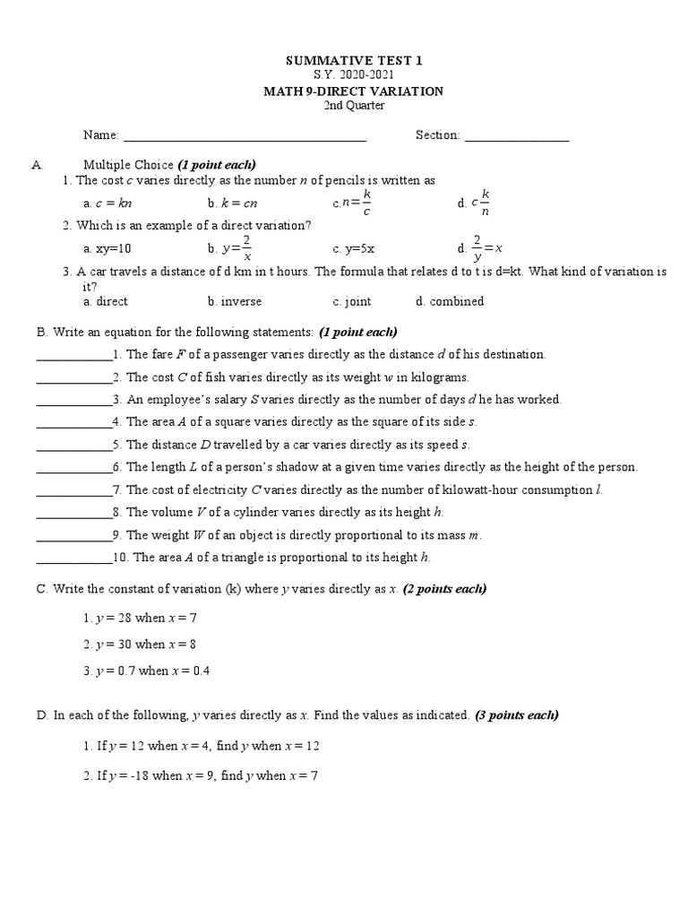 Math 9 Summative Test Direct Variation | PDF | Area | Distance