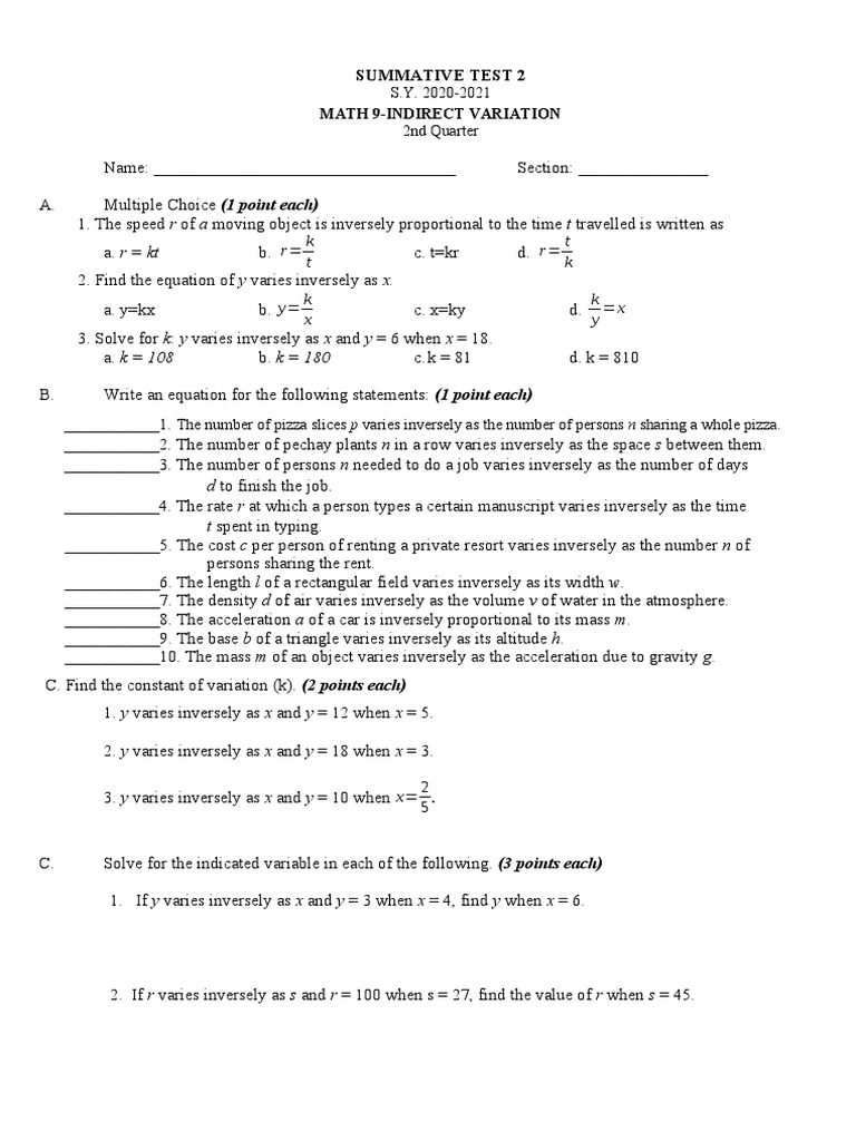 Math 9 Summative Test Indirect Variation | PDF | Gravity | Physics