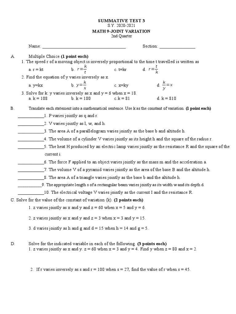 Math 9 Summative Test Joint Variation | PDF | Area | Volume