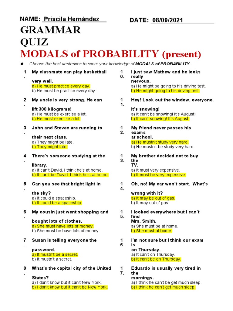 Modals of Probability: Grammar Quiz | PDF