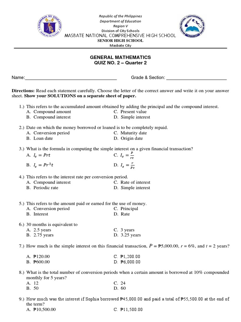 General Mathematics Quiz No. 2 - Quarter 2: Name: Grade & Section | PDF ...