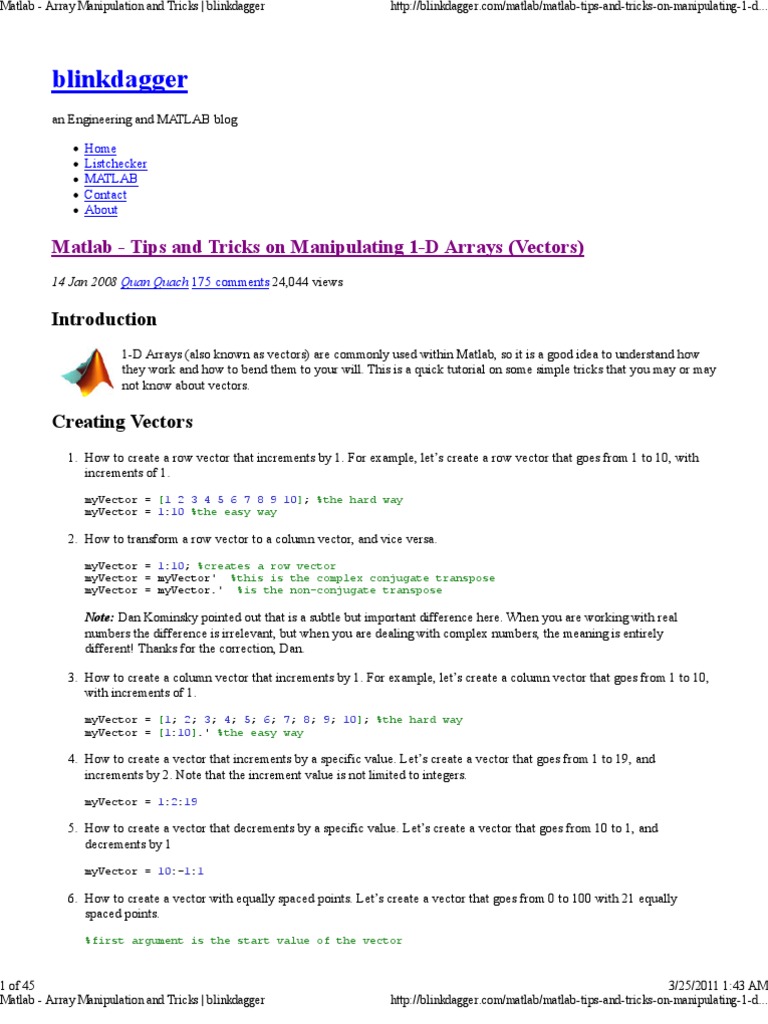 Matlab Array Manipulation And Tricks Blink Dagger Pdf Array Data Structure