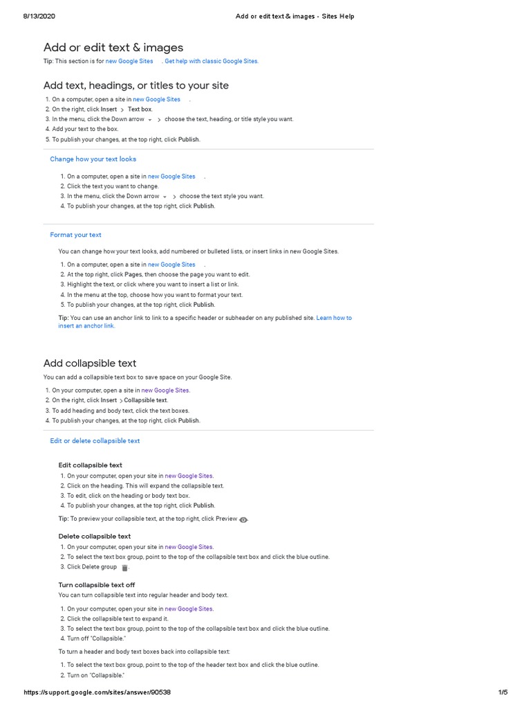 Add or Edit Text & Images - Sites Help | PDF | Page Layout | Software