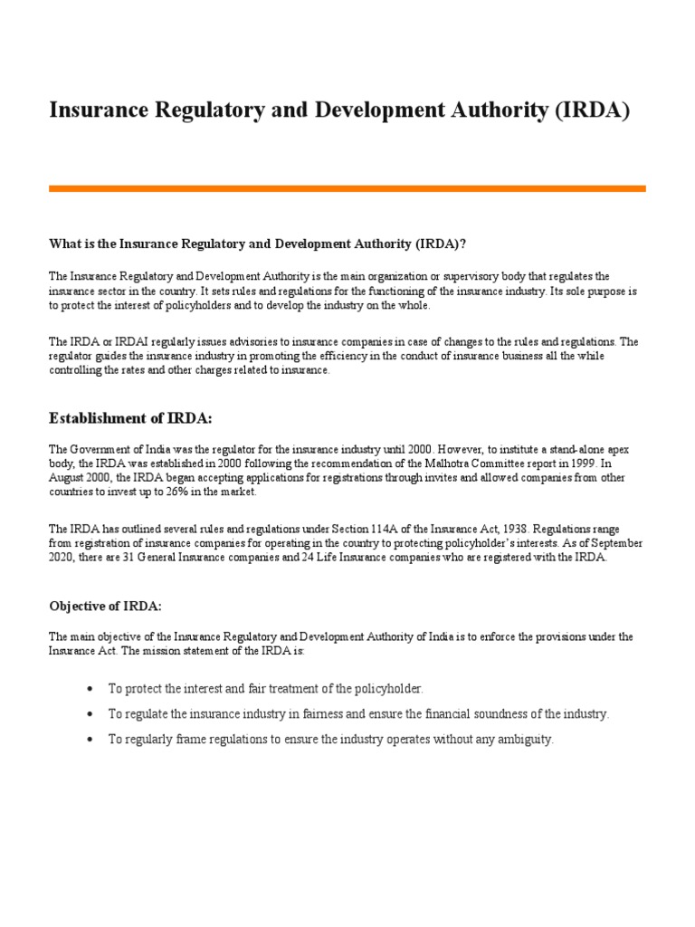 Insurance Regulatory and Development Authority (IRDA) | PDF | Insurance ...