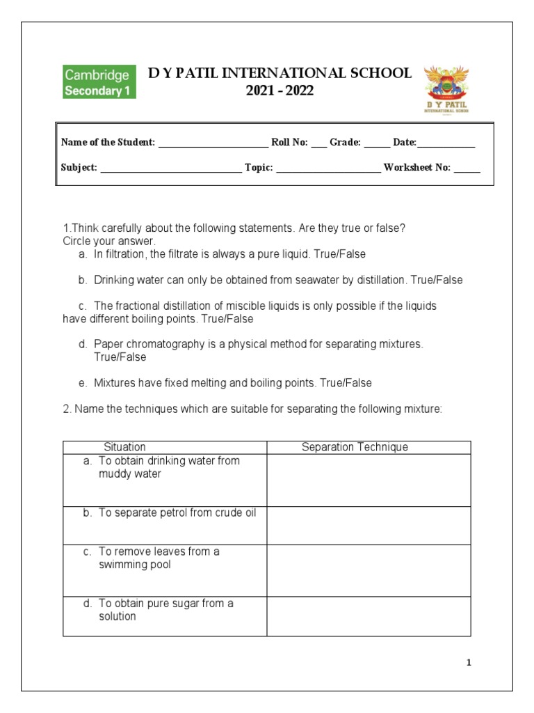 Separation Techniques Worksheet | PDF