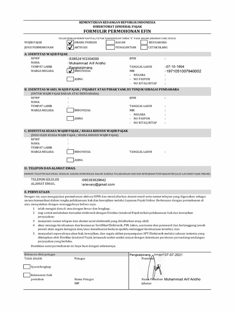 Formulir Permohonan Efin Badan Word - Form example download