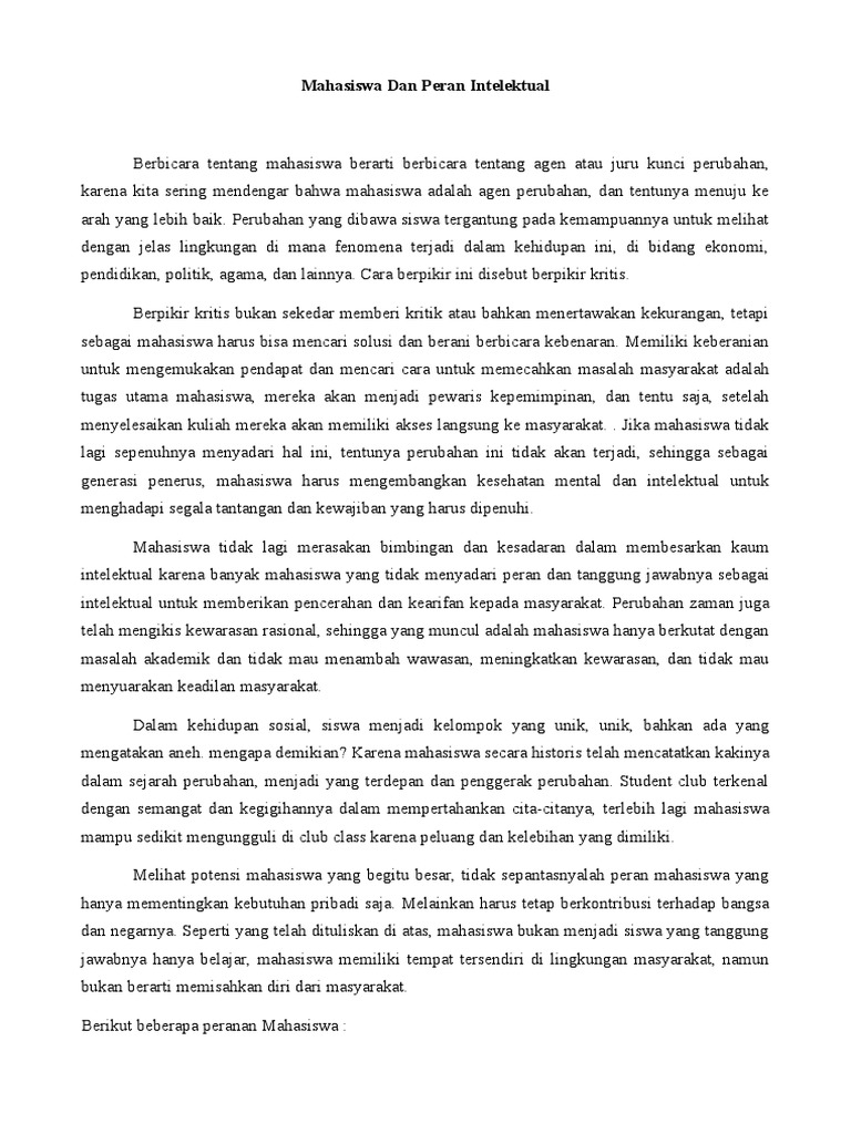 Mahasiswa Dan Peran Intelektual (Tugas Essay Filsafat Ilmu) | PDF