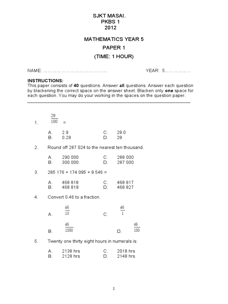 Matematik Tahun 5 1 | PDF | Mathematics