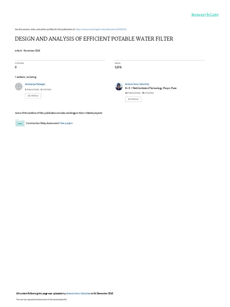 Design and Analysis of Efficient Potable Water Filter: November 2018 ...
