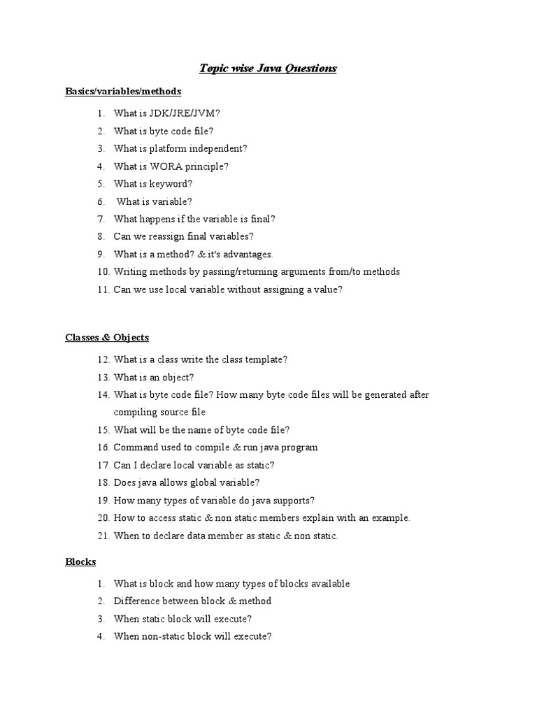 Topic Wise Java Questions | Download Free PDF | Class (Computer ...