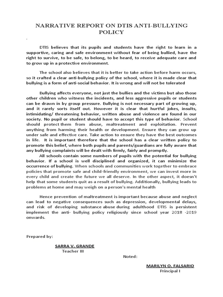 Narrative On Anti - Bullying Policy | PDF | Bullying | Psychological ...