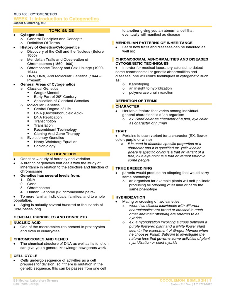 WEEK 1: Introduction To Cytogenetics | PDF | Genetics | Rna