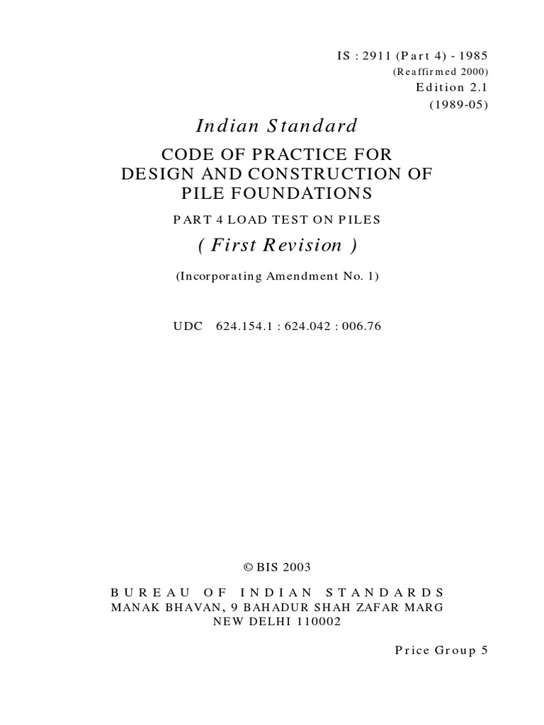 Is 2911 Part 4 1985 Indian Standard Code Of Practice For Design And
