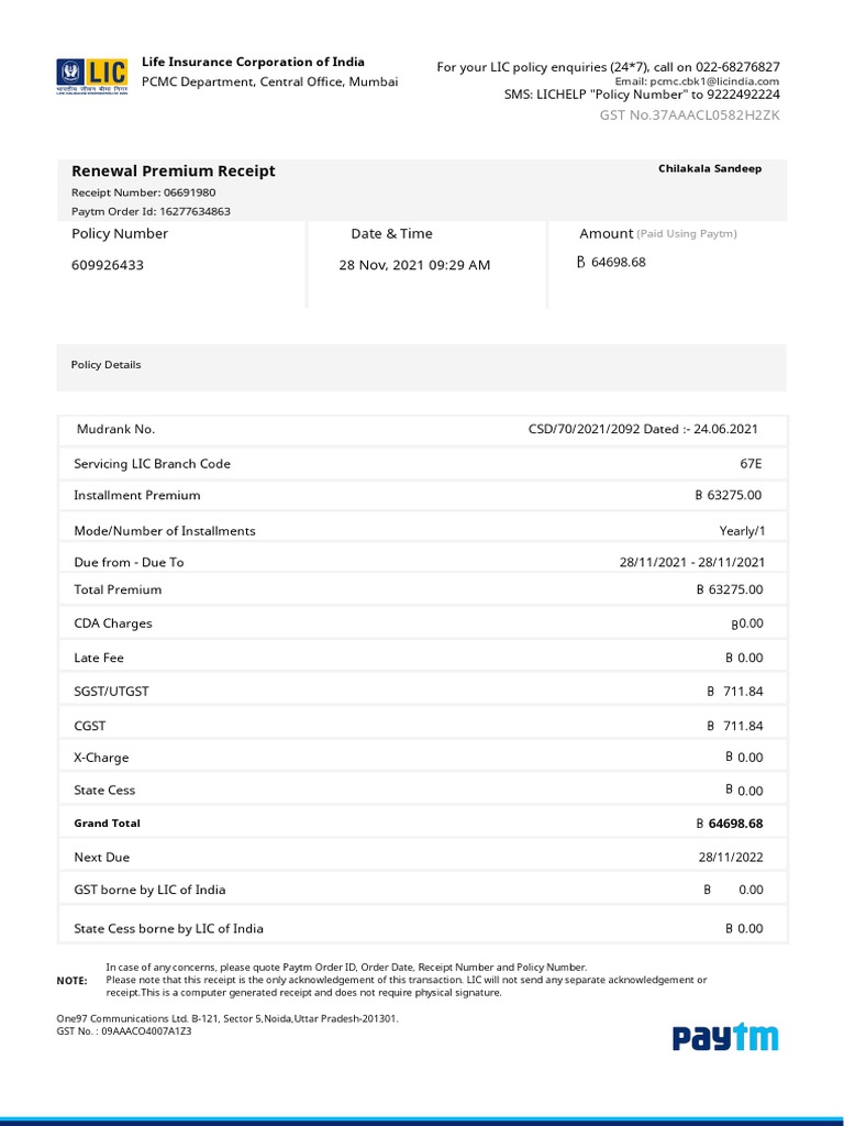 LIC Life Insurance | PDF | Receipt | Service Industries
