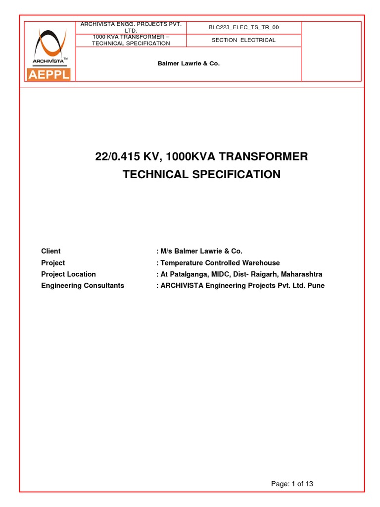 22/0.415 KV, 1000KVA TRANSFORMER Technical Specification: Balmer Lawrie & Co | PDF | Transformer ...