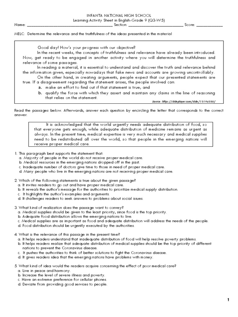 English G9 Las Q3 W5 | PDF | Relevance | Cognition