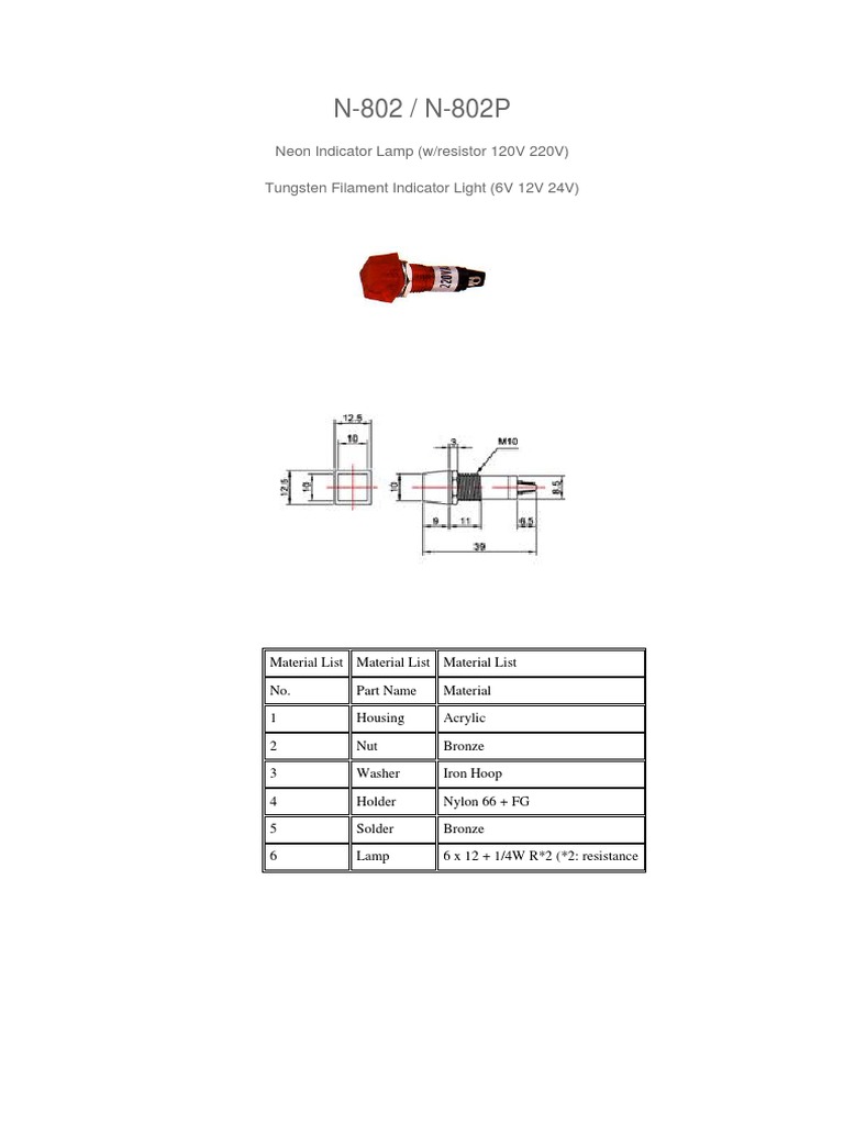 Neon Indicator Lamp (W/resistor 120V 220V) Tungsten Filament Indicator ...